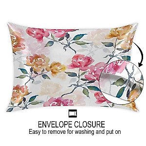 Flower Peony Satin Pillow Cases Silk Satin Pillowcase for Hair and Skin Standard Set of 2 Super Soft Silk Pillowcase with Envelope Closure (20x26 in)