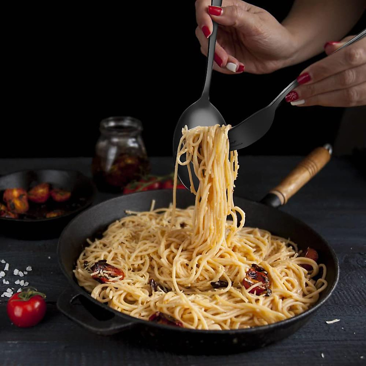 Stainless Steel Serving Spoon x 2, Slotted Serving Spoon x 2, Serving Forks x 2, 8.5 Inch Serving Utensils Set of 6 for Catering, Dishwasher safe (Silver)