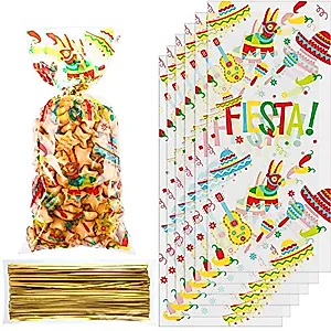 100 Pieces Mexican Fiesta Cellophane Treat Bags, Cinco De Mayo Themed Party Favor Bag Plastic Candy Bags Goodie Gift Bags Taco Bar Decor with 100 Gold Twist Ties for Fiesta Mexico Party Decoration