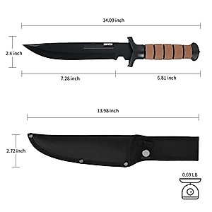 Dispatch Tactical Bowie Survival Hunting Rambo Bushcraft Knife with Protective Sheath Military Combat Fixed Blade, with Non-Slip Handle, for Camping, Hunting, and Adventure, 14" Closed