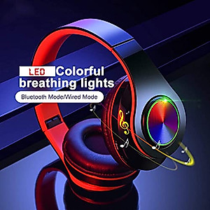 Bluetooth Headphones Over Ear Headphones with Deep Bass LED Foldable Stereo Headphones, Wired and Wireless Headset for Smart Phone/TV/PC(Red/Black)