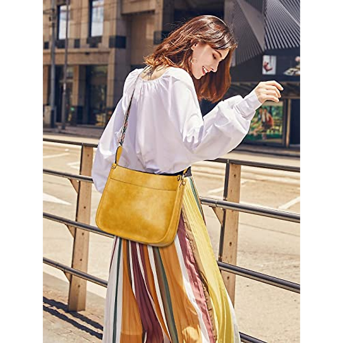 Caitina Cross Body Bag Vegan Leather Hobo Handbags Designer Crossbody Purses Bucket Bag For Women with 2 Adjustable Strap(Yellow)