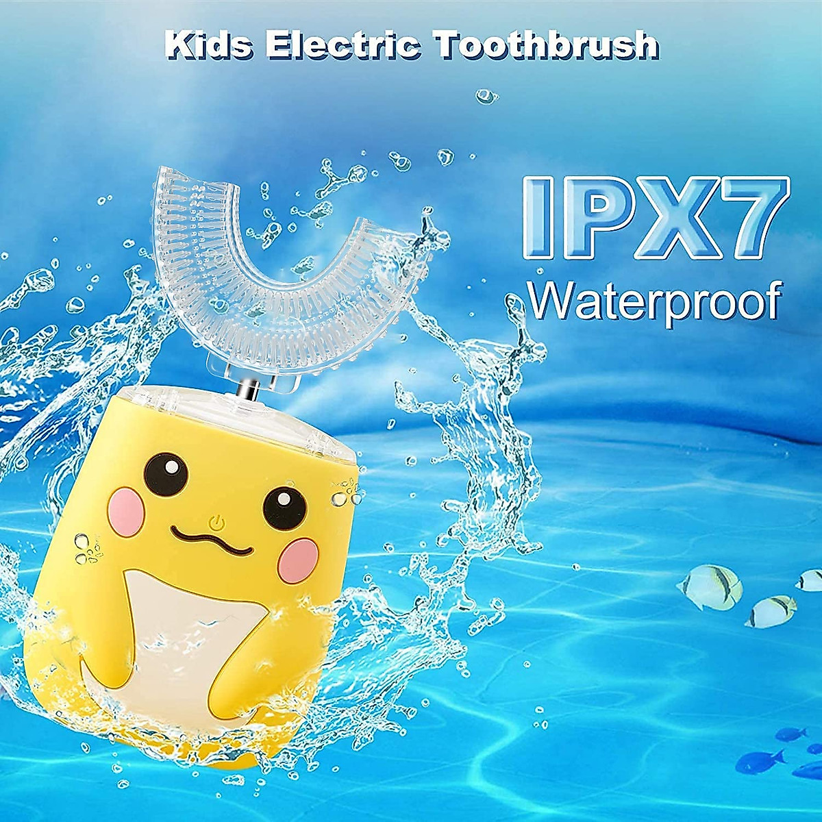 Kids Electric Toothbrush, U Shaped Ultrasonic Automatic Tooth Brush,Toothbrush with 2 Brush Heads,Six Cleaning Modes,IPX7 Waterproof,Cartoon Modeling Design for Toddler Children, Age 2-7 Yellow