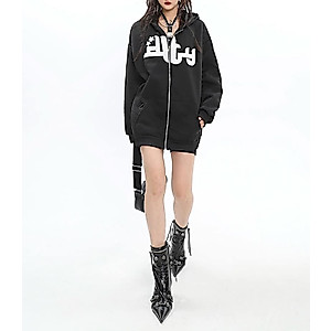 GAI Y2K Full Zip Up Hoodie Women Men Skeleton Skull Gothic Grunge Oversized Aesthetic Sweatshirts Emo Alt Jacket Clothes (M,2-Black)