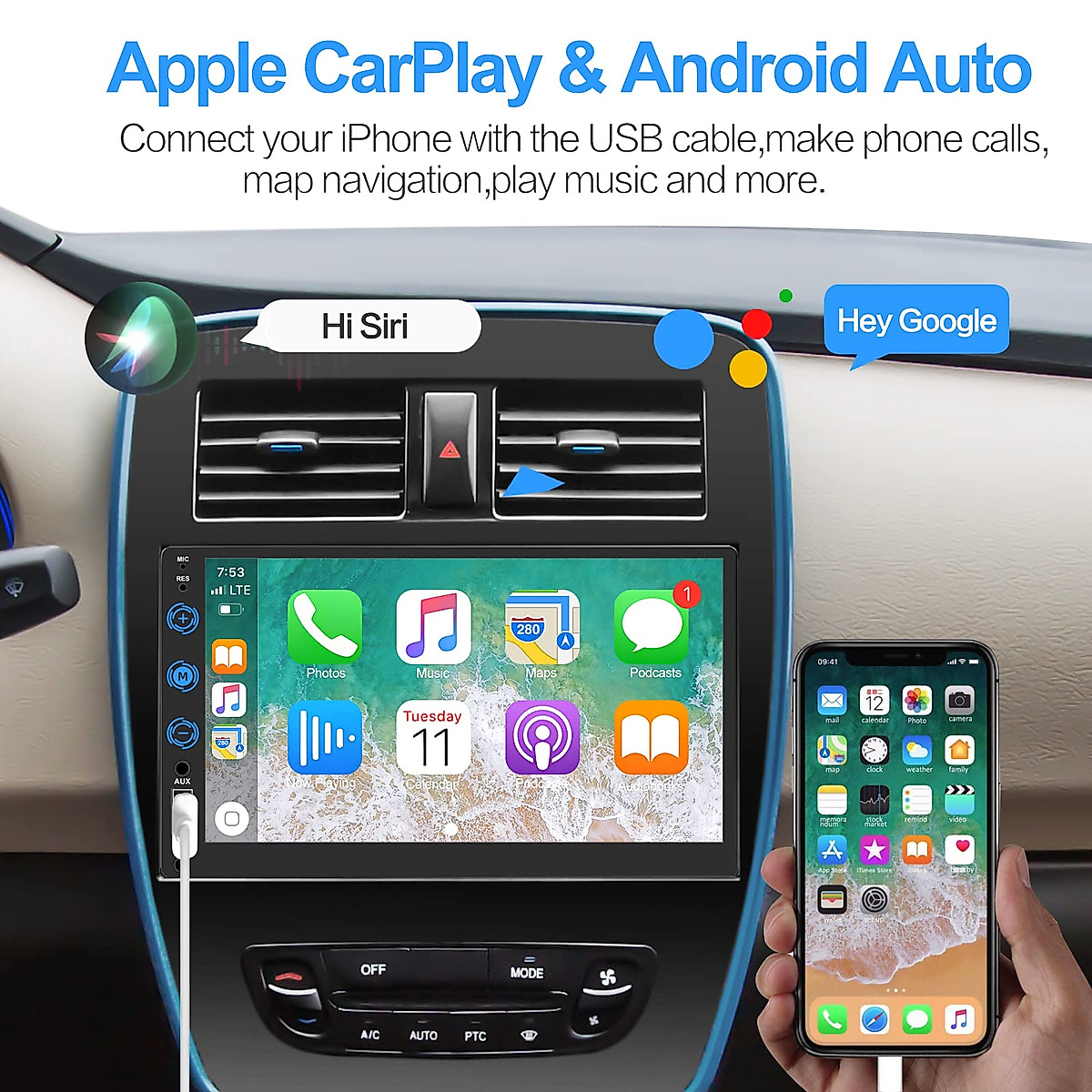 Double Din Car Stereo with Bluetooth,Compatible with Apple CarPlay & Android Auto,7 Inches HD Touchscreen Car AM/FM Radio Audio Receiver with Reverse Camera,Front Microphone,Voice Control,AUX /SWC/USB