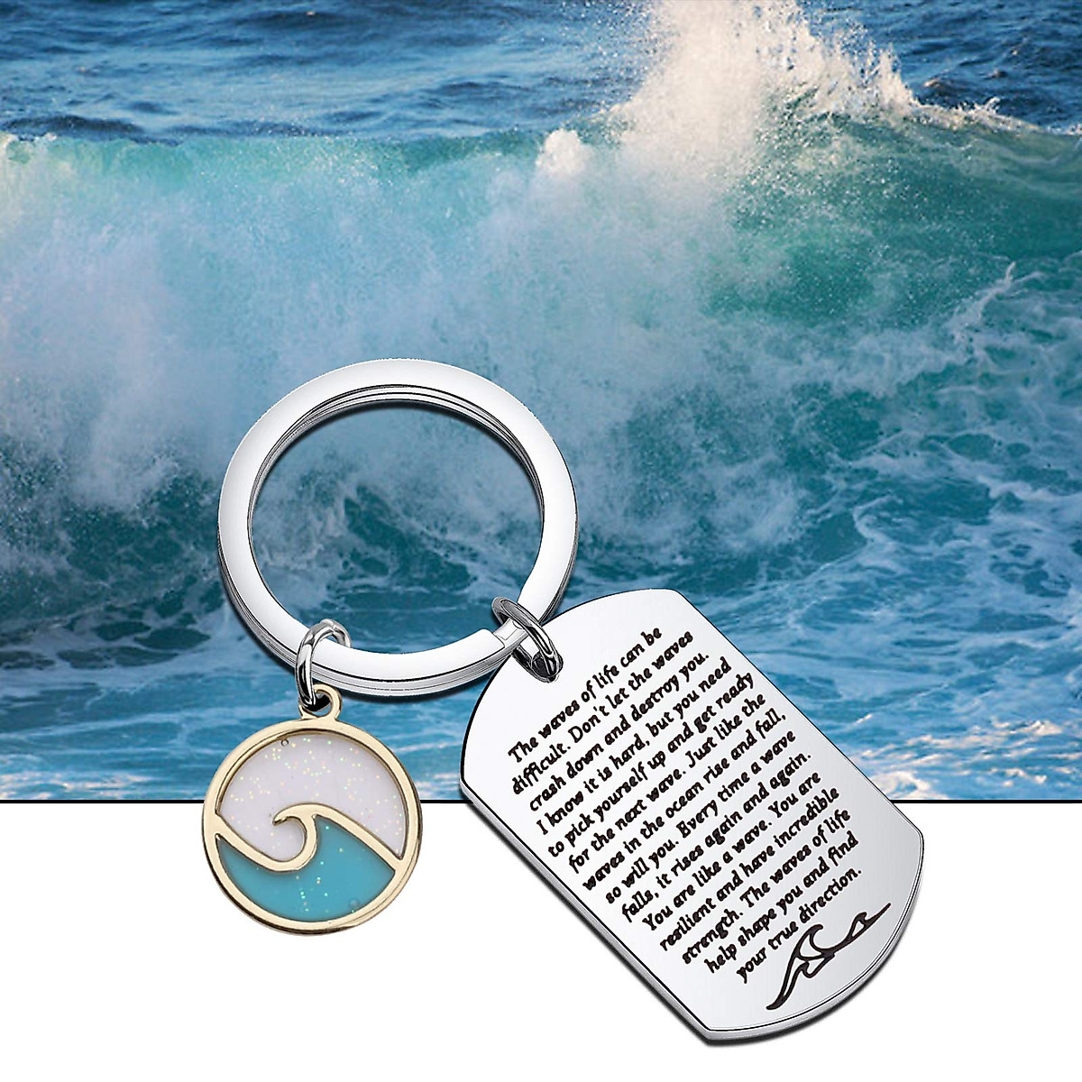 UJIMS Inspirational Quote Gift Ocean Wave Keychain The Waves Of Life Can Be Difficult Encouragement Jewelry for Her (Ocean Wave Keychain)