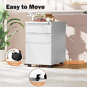 Sweetcrispy File Cabinet - 3 Drawer File Cabinet with Lock, Mobile Rolling File Cabinet, Under Desk File Cabinet with Pre-Assembled, Metal Small File Cabinet for Home Office