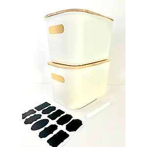 Plastic Stackable Storage Bins with Bamboo Lid 2 PCS and 10 Sticker Labels and one Chalk Pen -Storage Containers-Storage Basket for Organizing-Playroom Classroom Organization