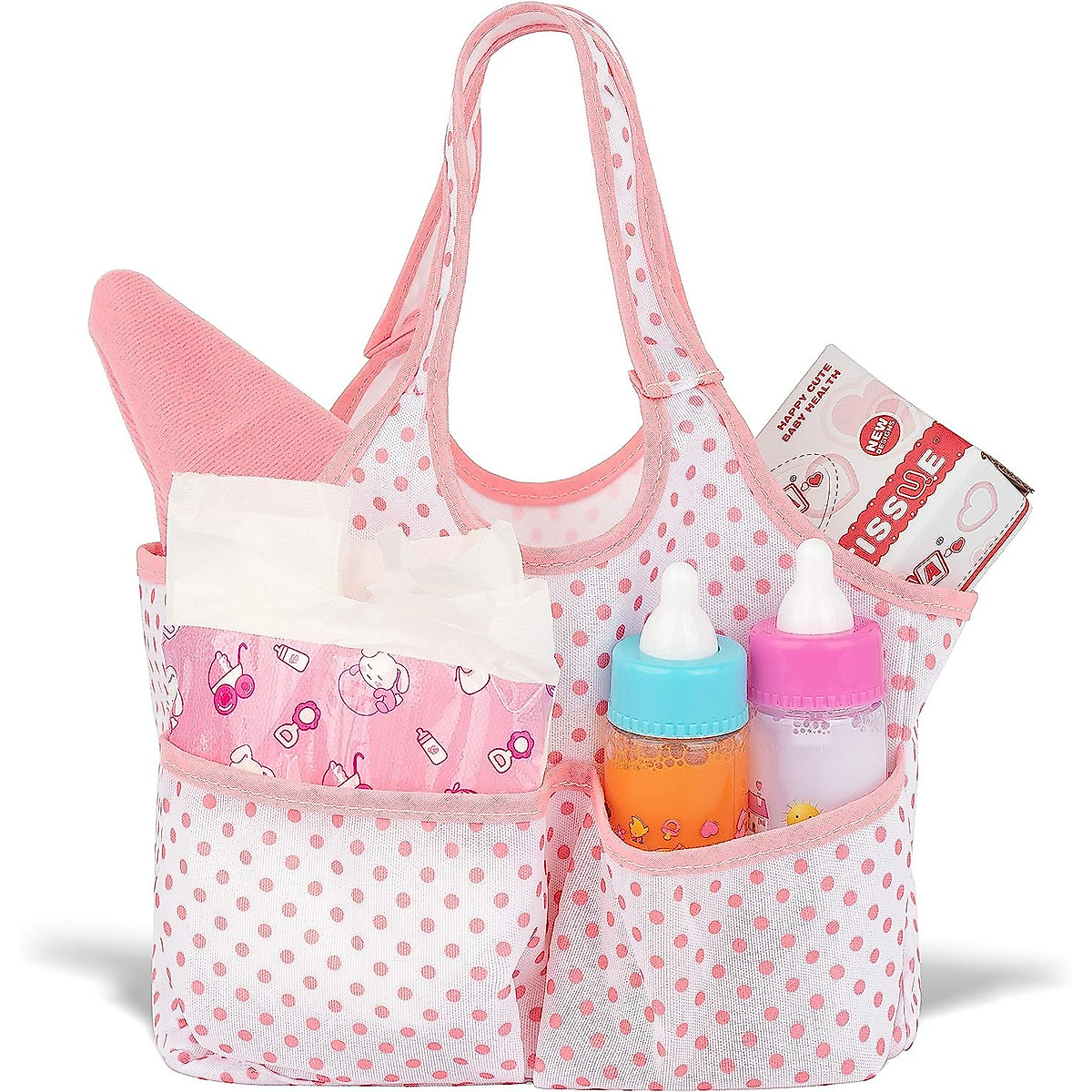 fash n kolor Diaper Bag Doll Accessories Set with Feeding Bottles, Baby Diaper, Tissues, and Cloth Blanket. Complete Diaper Bag kit with 9 Accessories. Comes Packed in a Mommy Bag