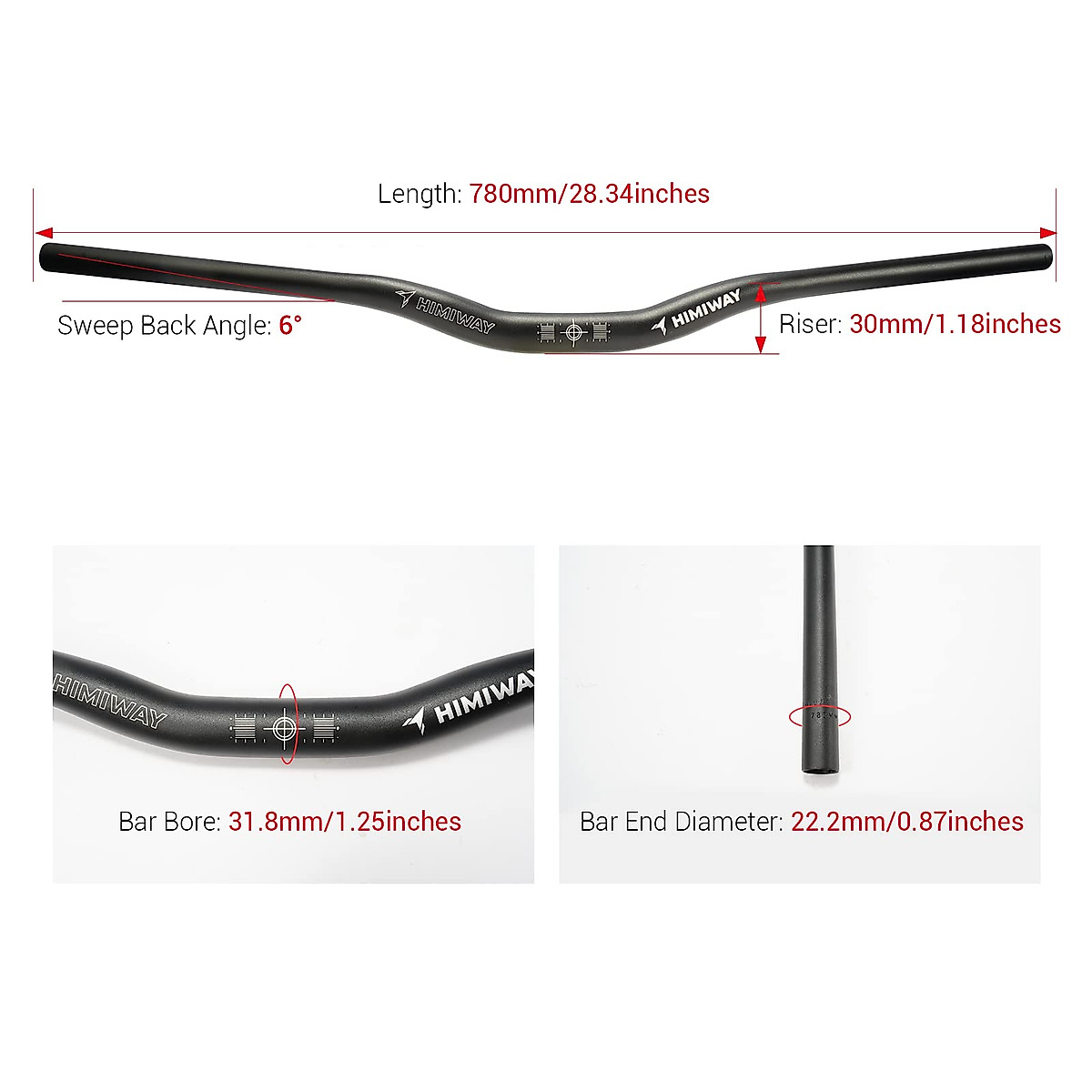 Himiway Mountain Bike Handlebars, Aluminum Alloy MTB Riser Bars Handlebar Rise 30mm Diameter 31.8mm Length 780mm Extra Long Black Bicycle Handlebar for Most MTB, Road Bike