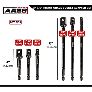 ARES 70382-6-Piece 3-Inch and 6-Inch Impact Grade Socket Adapter Set - Turns Impact Drill Driver into High Speed Socket Driver - 1/4-Inch, 3/8-Inch, and 1/2-Inch Drive Sizes