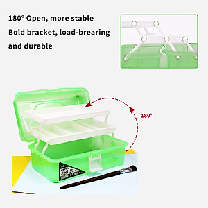 Zhousensen 13in Three-Layer Clear Art Storage Box Craft Organizer, Folding Tool Box with Handle, Art & Crafts Case/Sewing Supplies Organizer for Home School Office Travel (Green)