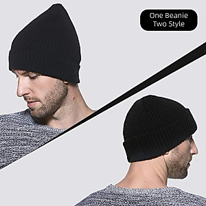 zowya Fisherman Beanie or Regular Cuff Knit Beanie for Men & Women Warm 2 in 1 Rib Watch Cap Gift Skull Cap Winter Ski Hat for Daily, 1 Hat 2 Style (Black)