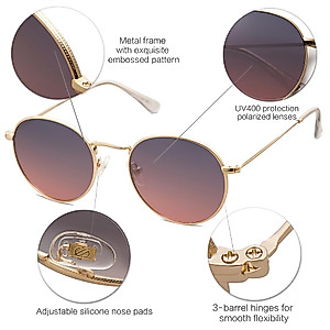 SOJOS Small Round Polarized Sunglasses for Women Men Classic Vintage Retro Shades UV400 SJ1014, Gold/Grey&Pink