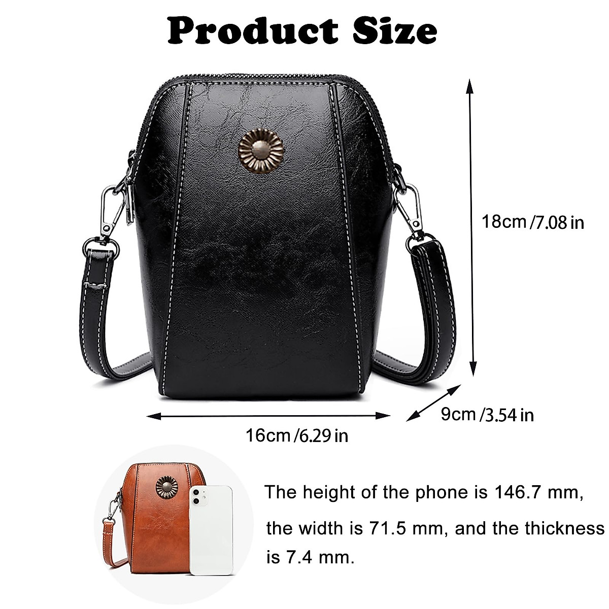Mini Shoulder Crossbody Bag - Premium leather Retro All-Match Vertical Cellphone Bag Handmade Bag for Women (Black)