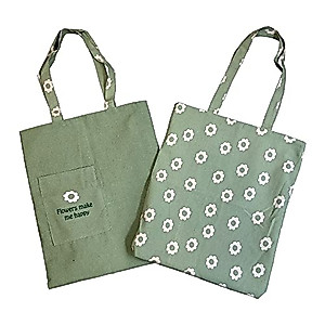 Green Flowers 100% Recycled Cotton Reversible Tote Bag - Summer, Gifts, School, Shopping bag, Green