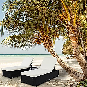 fuhan Set of 2 Outdoor Pool Beach PE Rattan Wicker Reclining Chairs W/Tea Table, Rattan Wicker Patio Chaise Lounge Set with Adjustable Backrest & Removable Thick Cushions
