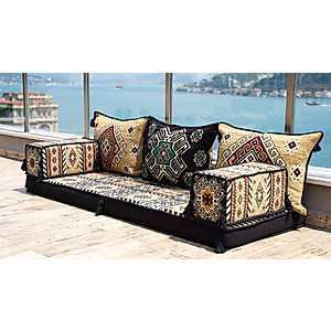 Yellow Arabic Majlis, Arabic Floor Couch, Reading Loveseats, 4" Thickness Floor Seating Set, Moroccan Cushion, Ethnic Floor Cushion (4'' Thickness Sofa)