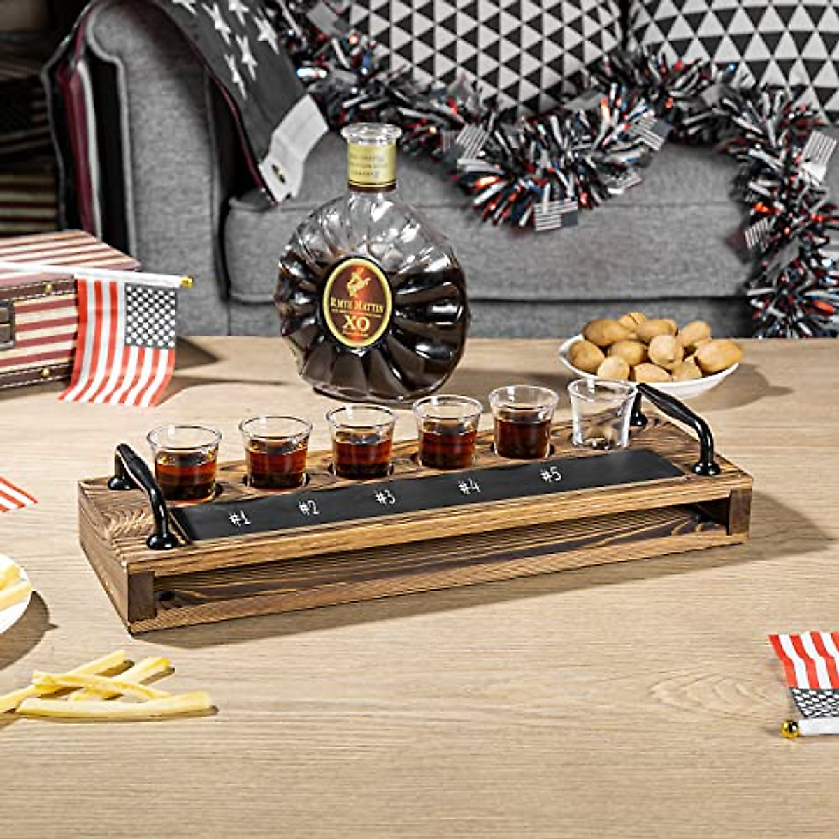 MyGift Tequila Shot Glasses Liquor Flight Tasting Set Includes Burnt Wood Serving Tray with Chalkboard Panel and Metal Handles and 6 Clear Shot Glasses