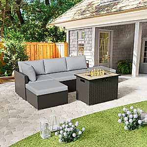 Dineli Patio Furniture Set Sofa Outdoor Furniture Set Sectional Couch Fire Pit Table Balcony Furniture Patio Table and Chairs Set with Propane Fire Pit (Light Gray, 6 pcs/firepit Table)