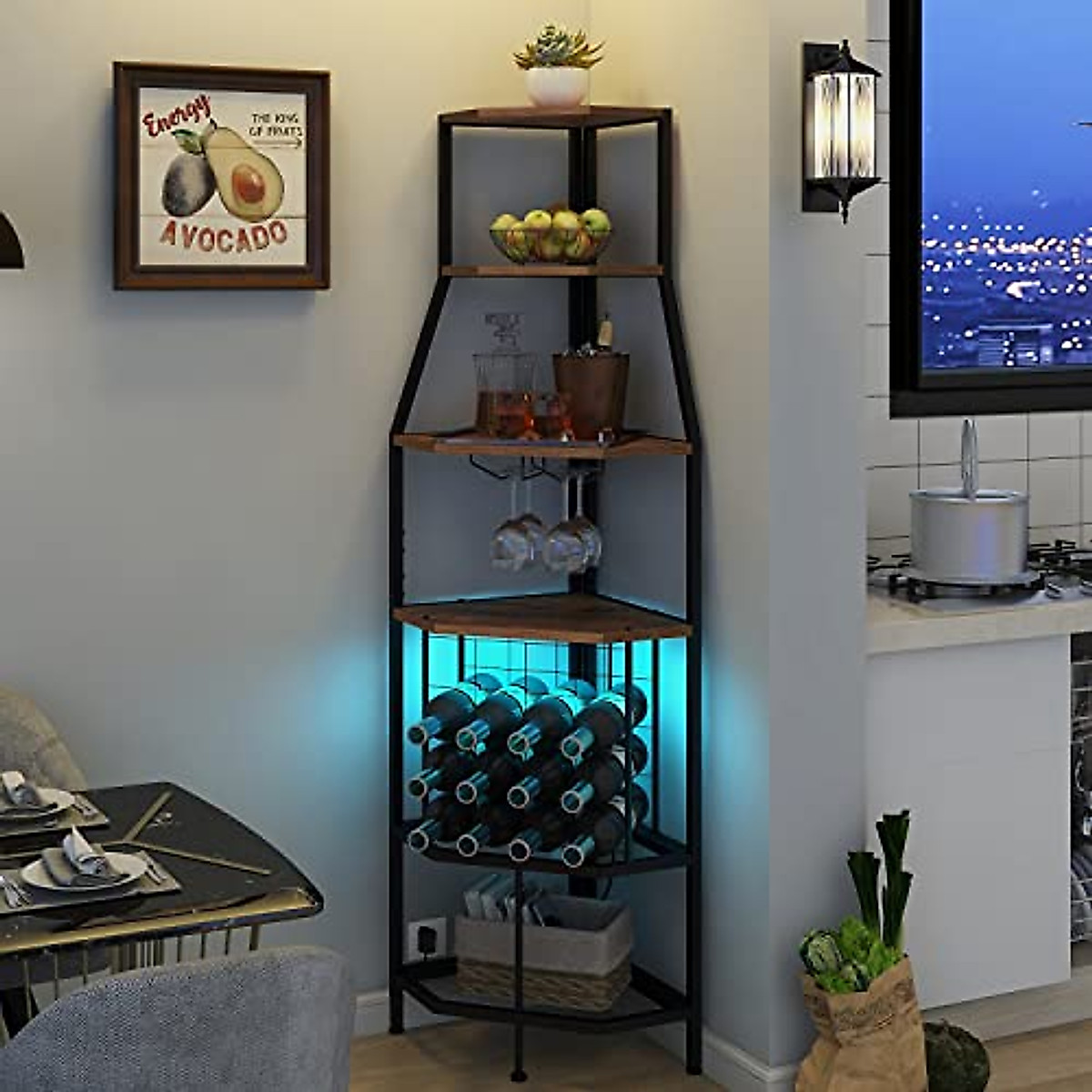 Espelism 5-Tier Corner Wine Rack Freestanding Floor with Glass Holder and Bottles Wine Storage Industrial Bar Cabinets with LED Light for Liquor and Glasses for Living Room Kitchen Home Bar