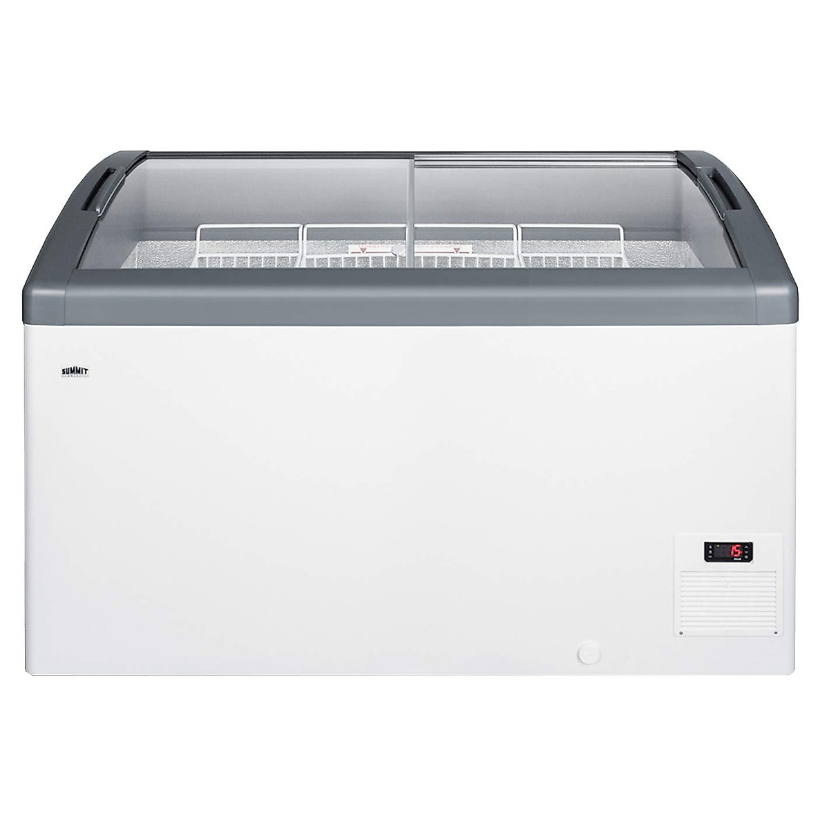 Summit FOCUS171 Top Display Commercial Freezer with 17.1 cu. ft. Capacity Digital Thermostat Sliding Glass Lid Manual Defrost Casters Hammered Aluminum Interior in White