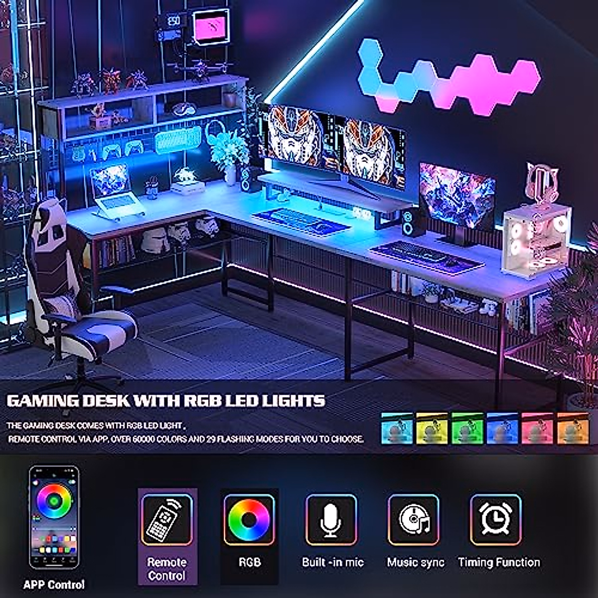 Unikito U Shaped Computer Desks with Hutch, 106 Inch Large Reversible L Shaped Office Desk with Power Outlets and LED Strip, U Shape Gaming Table with Monitor Stand and Storage Shelves, White Oak