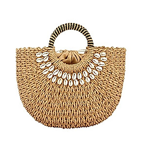 Beach Bag for Women Straw Top-Handle Bags Summer Woven Beach Tote Bag (Brown)