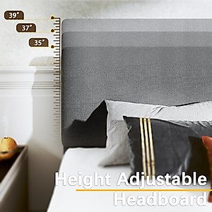 Fluest King Bed Frame with Adjustable Headboard Upholstered Bed Frame Platform Linen Fabric Headboard Wooden Slats Support/No Box Spring Needed/Easy Assembly/Mattress Foundation, Light Grey