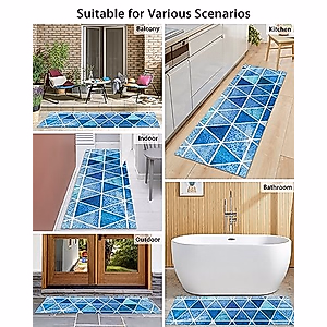 Welcome Mats, Blue Triangle Tile Pattern Door Mat, Non-Slip Absorbent Large 18x47 Inch Outdoor Indoor Mat Low-Profile Floor Mat Doormat for Entryway/Patio/Garage