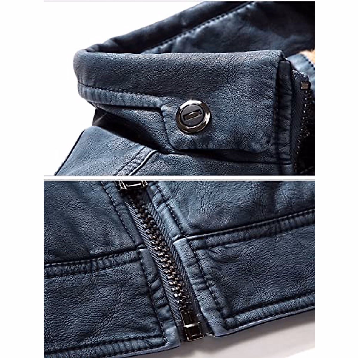 CHARTOU Men Retro PU Faux Leather Bomber Jacket Stand Collar Fleece Lined Motorcycle Jacket Zip Up (Medium,Blue)