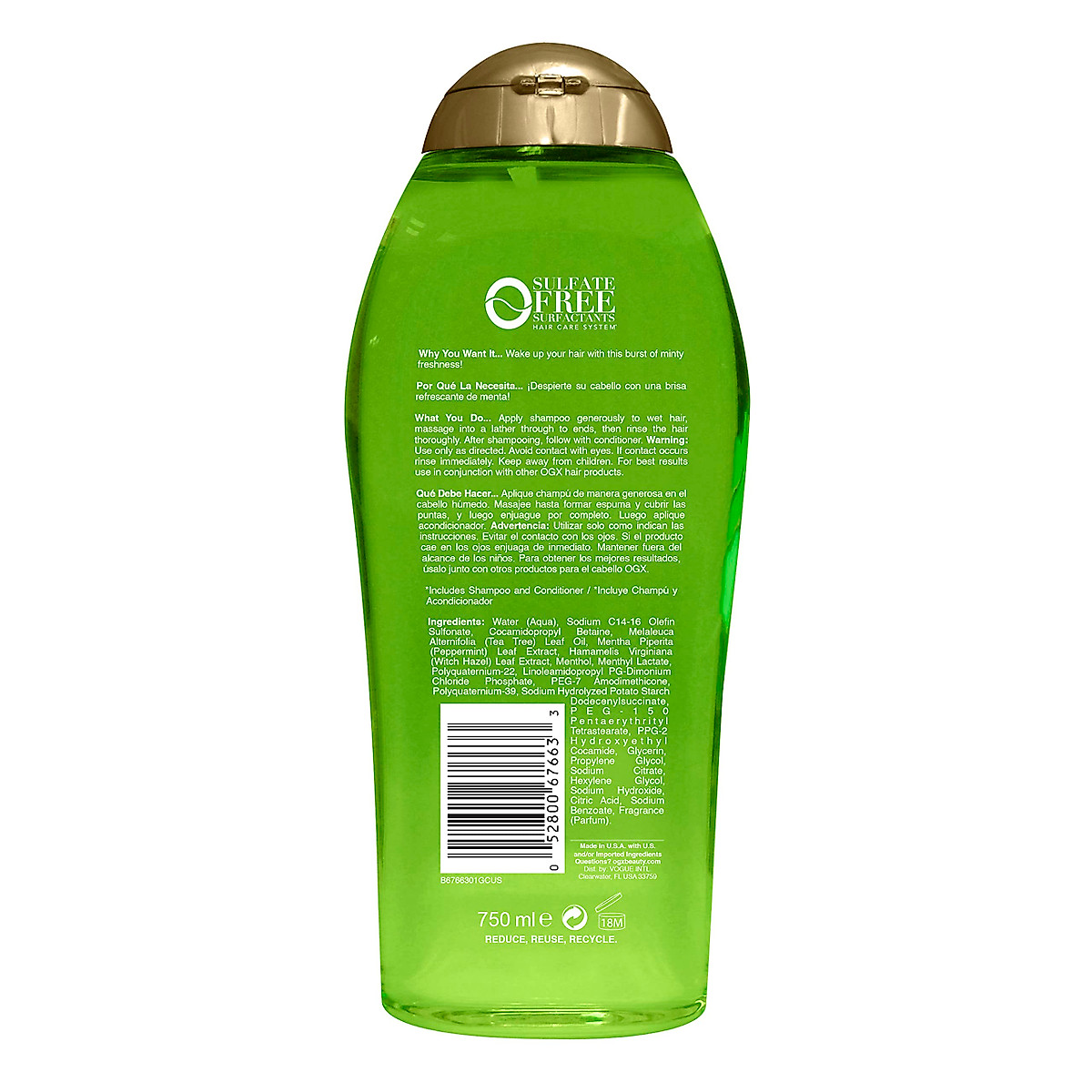 OGX Extra Strength Refreshing Scalp + Teatree Mint Shampoo, Invigorating Scalp Shampoo with Tea Tree & Peppermint Oil & Witch Hazel, Paraben-Free, Sulfate-Free Surfactants, 25.4 Fl Oz