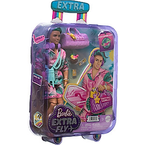 Barbie Extra Fly Ken Doll with Beach-Themed Travel Clothes & Accessories, Tropical Outfit with Boogie Board & Duffel Bag