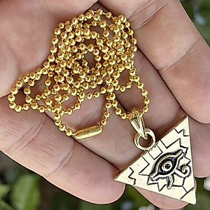 The Millenium Puzzle Illuminati Pyramid Horus Ra Evil All seeing Eye Men's Pendant Necklace Pewter Gold plated Pendant Money Wealth Lucky Charm Protection Amulet w Brass ball chain