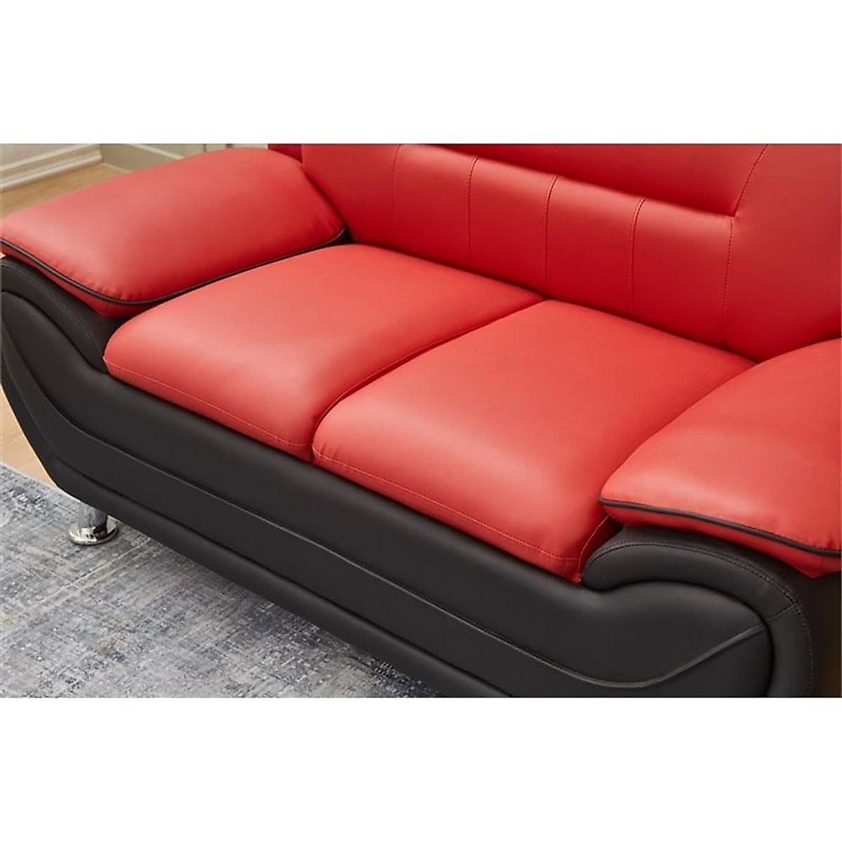 Kingway Furniture Zebra Faux Leather Loveseat with Pillow Armrests in Black/Red