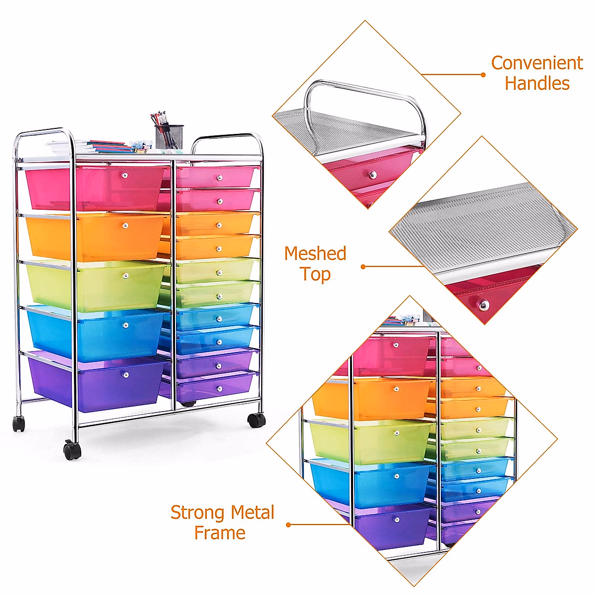 Giantex 15-Drawers Rolling Storage Cart, Mobile Book Paper Organizer Utility Trolley with Wheels, Ideal for School, Office, Home (Rainbow)