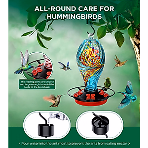 KONIZY Hummingbird Feeders for Outdoors Hanging, Hand Blown Glass Hummingbird Feeder with Attractive Spiral Pattern for Garden Decor, 30 OZ Leakproof Humming Bird Feeder with Rustproof Base