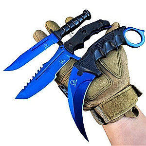 Tactical Knife Survival Knife Hunting Knife Fixed Blade Knife Combo Razor Sharp Edge Camping Accessories Camping Gear Survival Kit Survival Gear Tactical Gear 52319 (Blue)