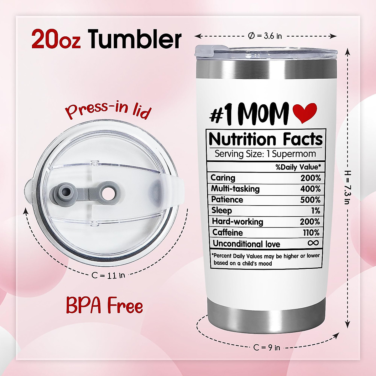 TEEZWONDER Mothers Day Gifts For Mom From Daughter Son - 20 Oz Stainless Steel Insulated Coffee Tumbler with Lid & Greeting Card with Pocket Hug Token and Envelope - Mom Birthday Gifts For Women Mama