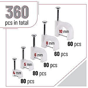 Bates- Cable Clips with Steel Nails, White, 360 pcs, 4mm 5mm 6mm 8mm 10mm, Wire Clips, Cord Clips, White Cable Clips, Ethernet Cable Clips, Cable Wire Clips, Coax Cable Clips, Cable Cord Clips.