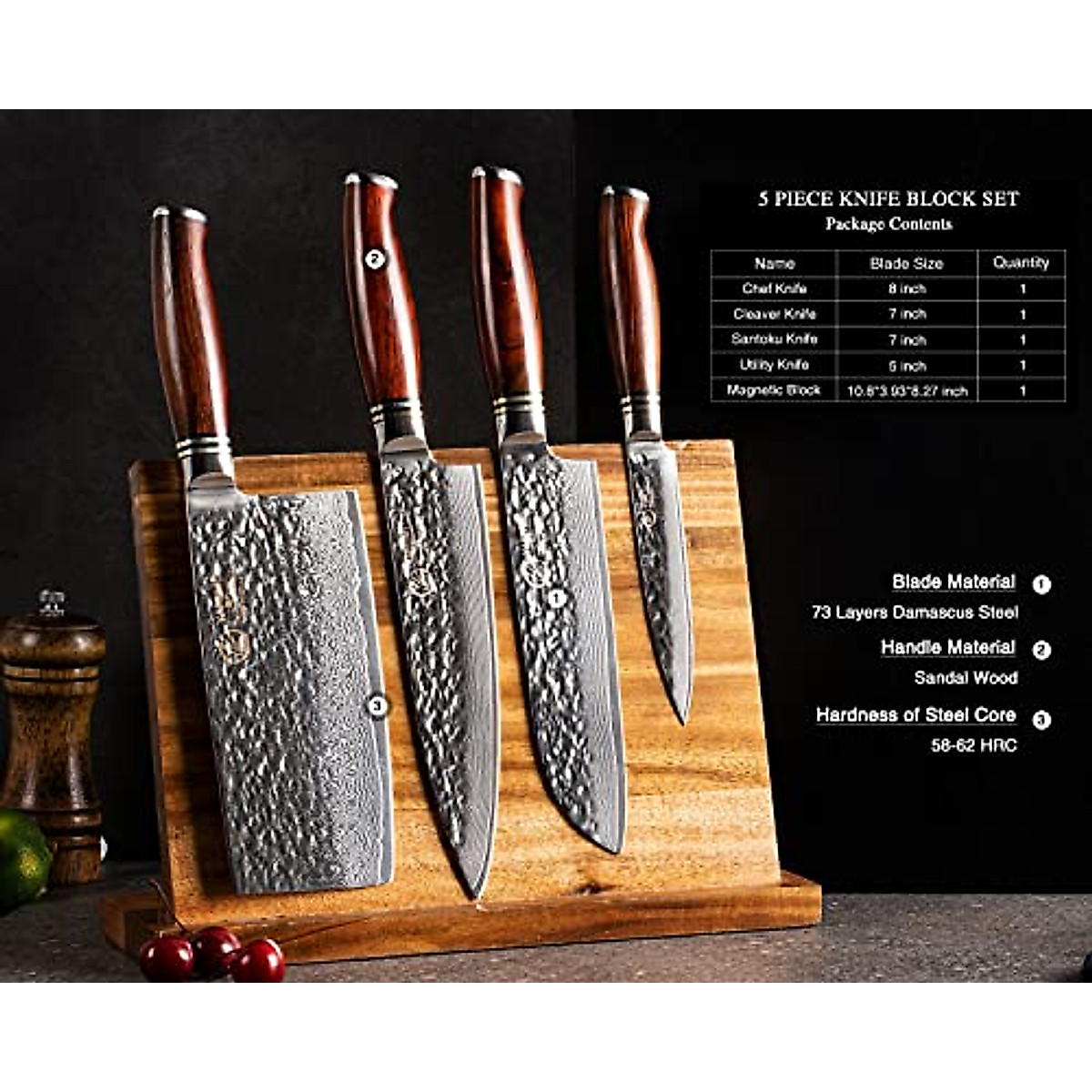 YARENH Cleaver Knife Set with Magnetic Block, 5 Piece Professional Sharp Chef Knives for Kitchen, Damascus Stainless Steel, 73 Layers, Full Tang, Sandalwood Wood Handle