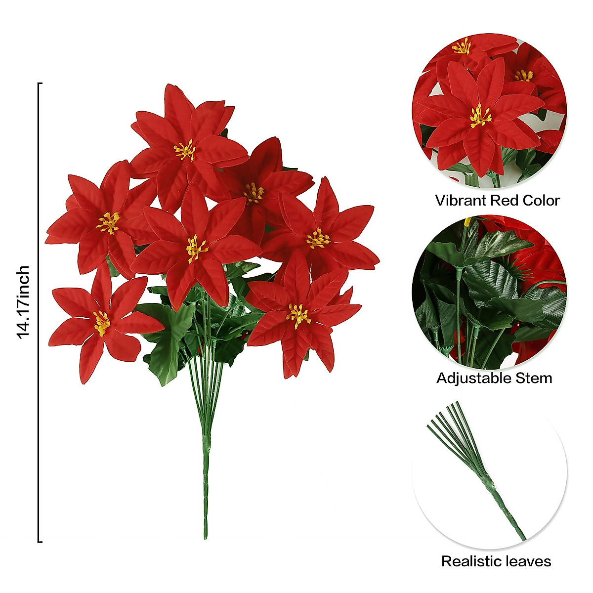 Sggvecsy Artificial Poinsettia Bouquet 7 Heads 5 Pack 15’’ Velvet Poinsettia Bush Christmas Flowers for Porch Home Garden Indoor Outdoor Xmas Decorations (Red)