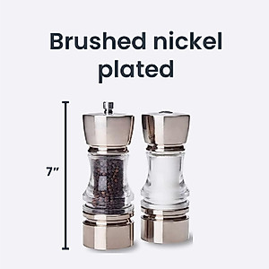 Olde Thompson 7" Brushed Nickel Salt Shaker & Pepper Mill Set, Adjustable Pepper Grinder