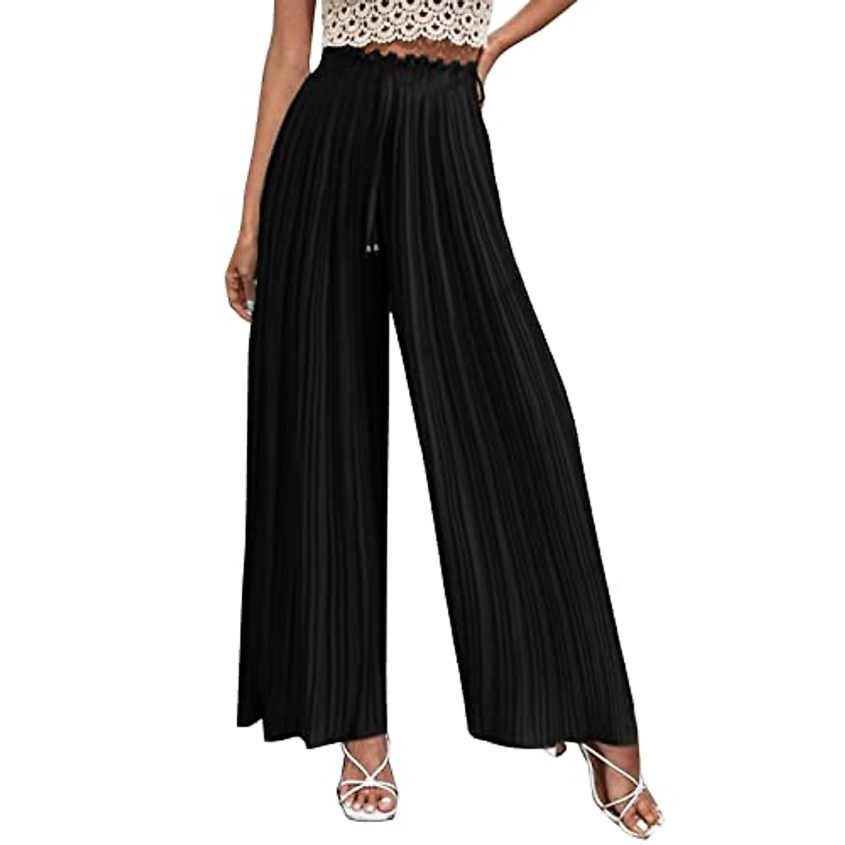Womens Wide Leg Palazzo Pants High Waisted Lounge Pant Smocked Pleated Loose Casual Pant Suits for Women (Black, XL) X-Large