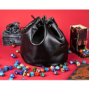 PUGED Large DND Dice Dragon Leather Drawstring Bags with Pockets Storage Bag for RPG MTG Game Dices Capacity Over 1000 Dice (Black)