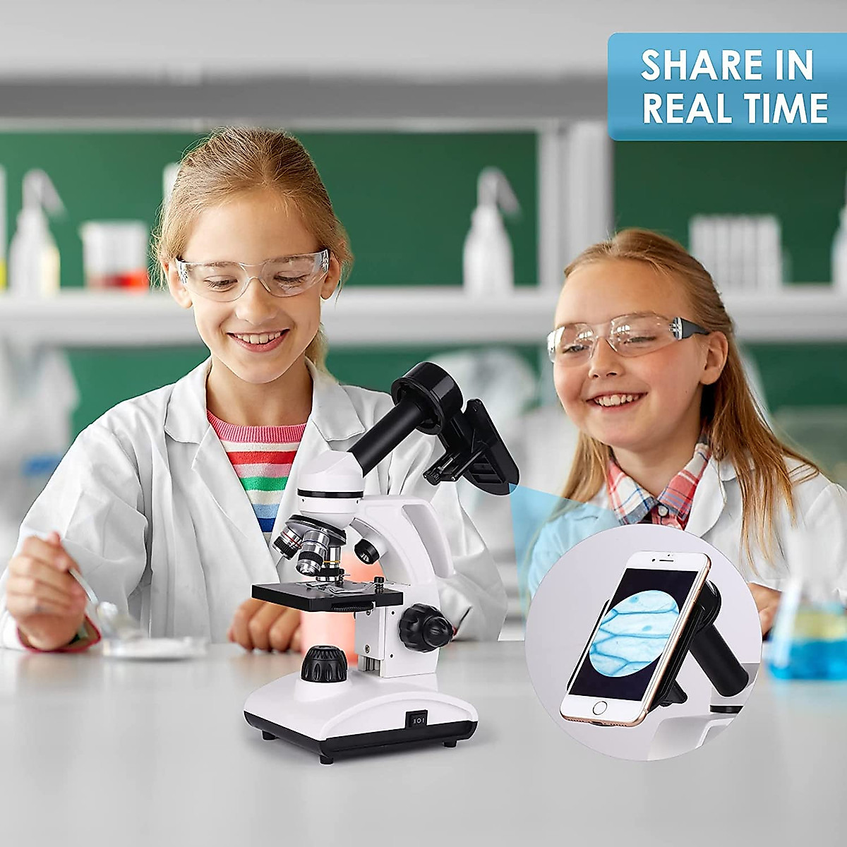 40X-1000X Microscopes for Students Kids Adults, Cordless Biological Compound Monocular Microscopes with Microscope Slides Set, Phone Adapter, Dual LED Illumination Power Optical Glass Lenses