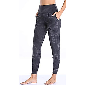 Oalka Women's Joggers High Waist Yoga Pockets Sweatpants Sport Workout Pants Tie Dye Black L