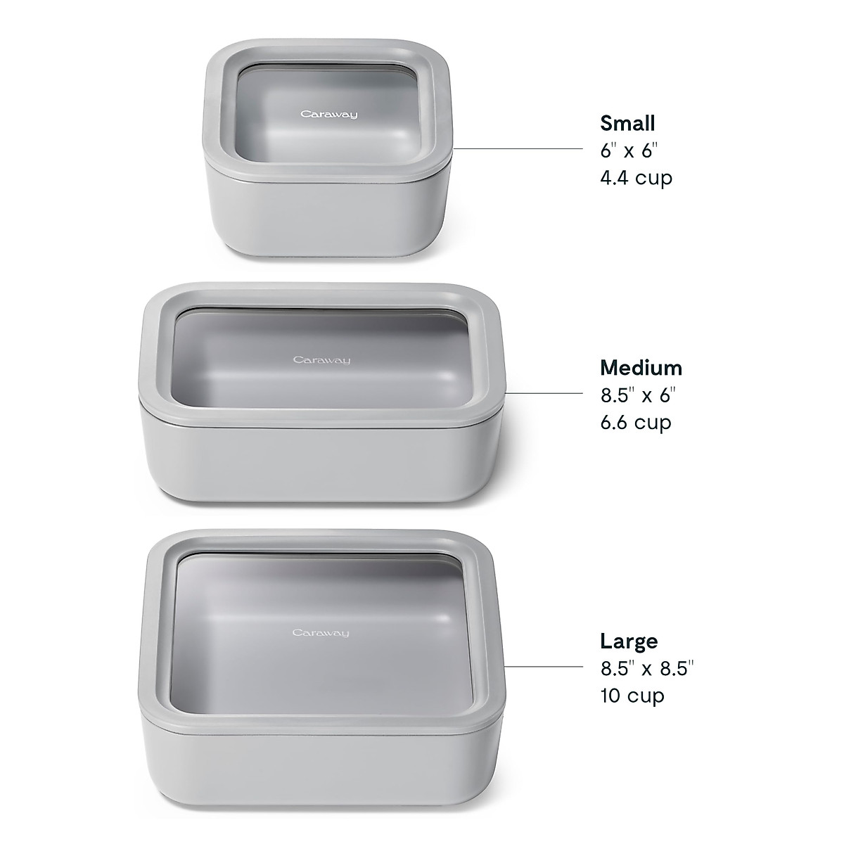 Caraway 3pc Glass Food Storage Set – 10 Cup, 6.6 Cup, & 4.4 Cup Food Containers - Ceramic Coated - Non Toxic Non Stick Lunch Box with Glass Lids - Dishwasher, Oven, & Microwave Safe - Gray
