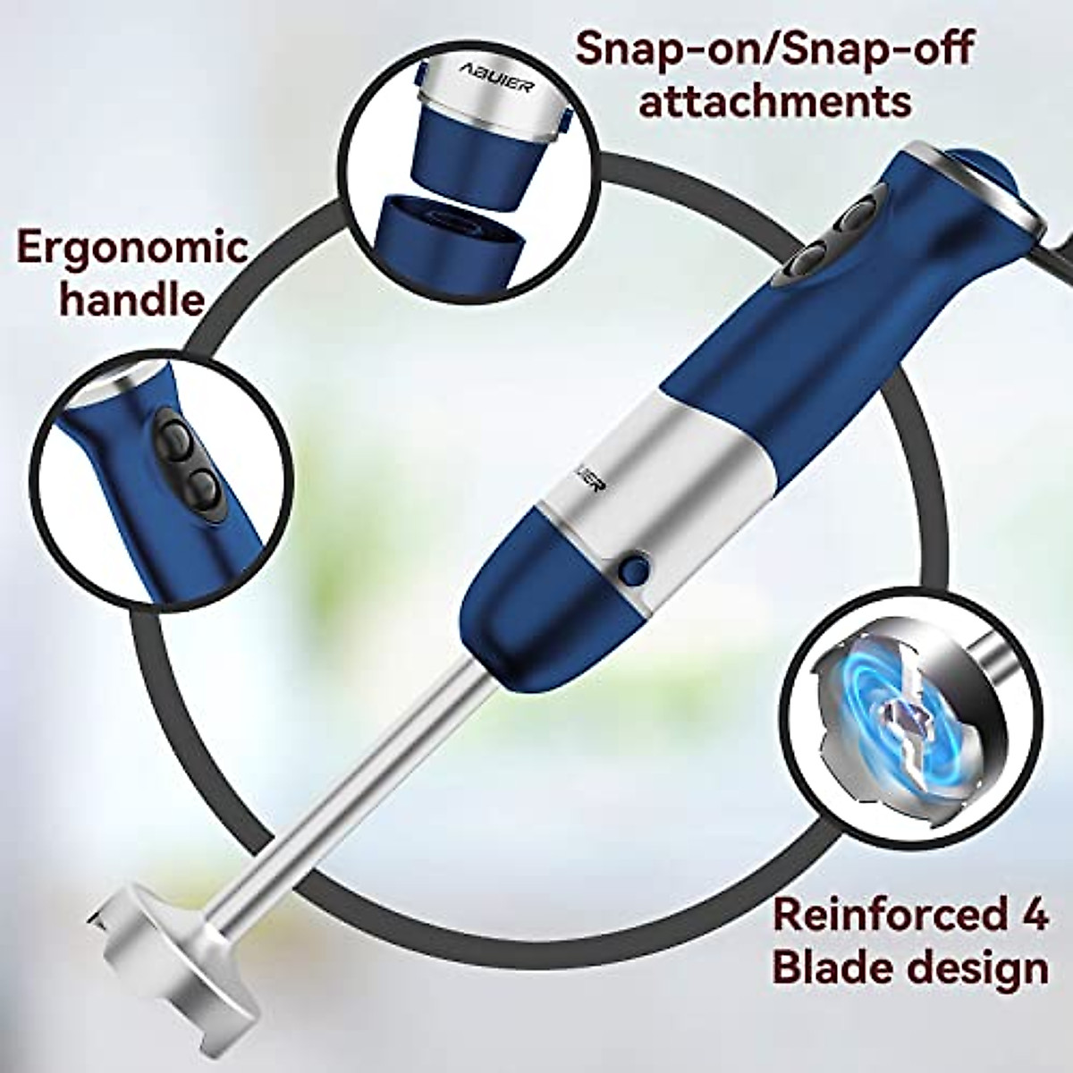 Immersion Blender Hand Blender, Abuler 800W Hand Mixer Stick, 5-in-1, 12 Speed BPA-Free Stick Blender 304 Stainless Steel, Chopper, Whisk, Milk Frother, Beaker, Smoothies, Milkshake, Purée Baby Food, Sauce, Dips, Mayo