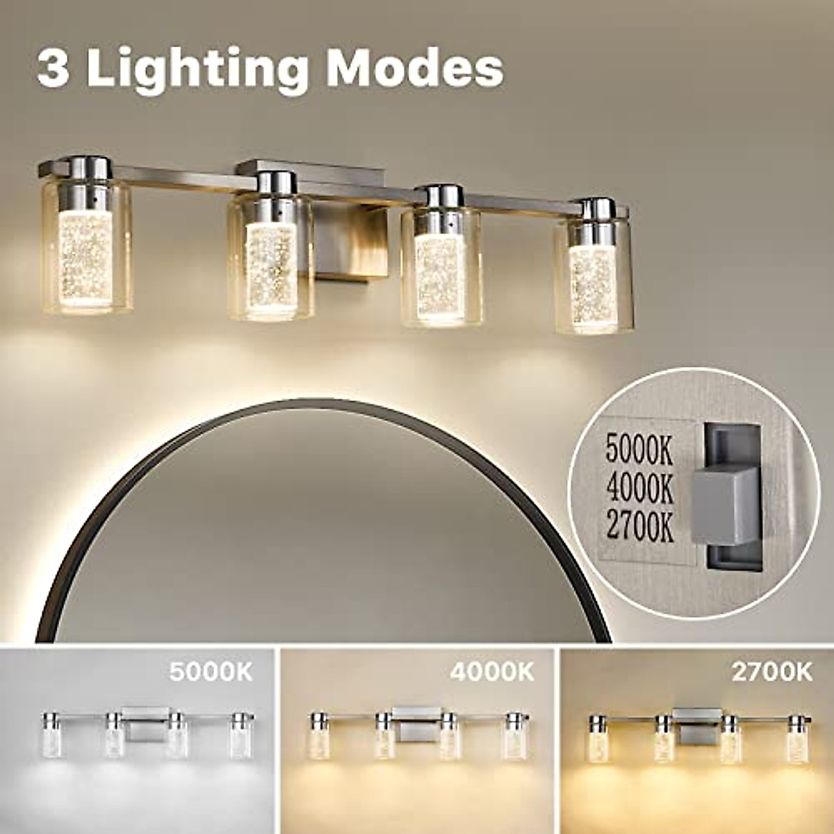 Eatich Bathroom Light Fixtures, Brushed Nickel Vanity Lights with Crystal Bubble Glass, Modern Bathroom Lights Over Mirror with Dimmable LED White/Neutral/Warm, 4-Light